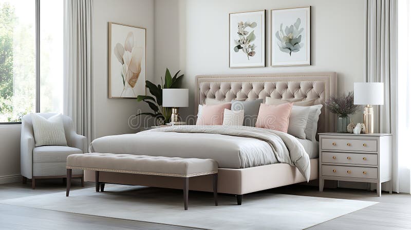 Luxurious Tufted Bed Bedroom Design Stock Photo - Image of tufted ...