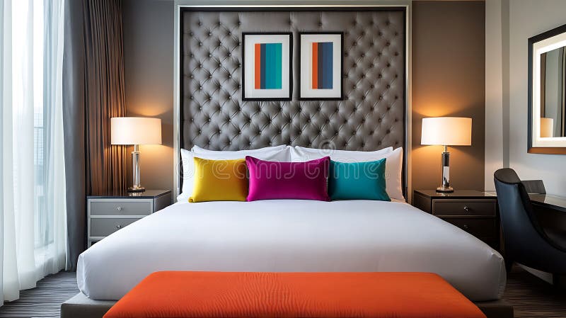 Luxurious Tufted Bed Bedroom Design with Colorful Pillows Stock Image ...