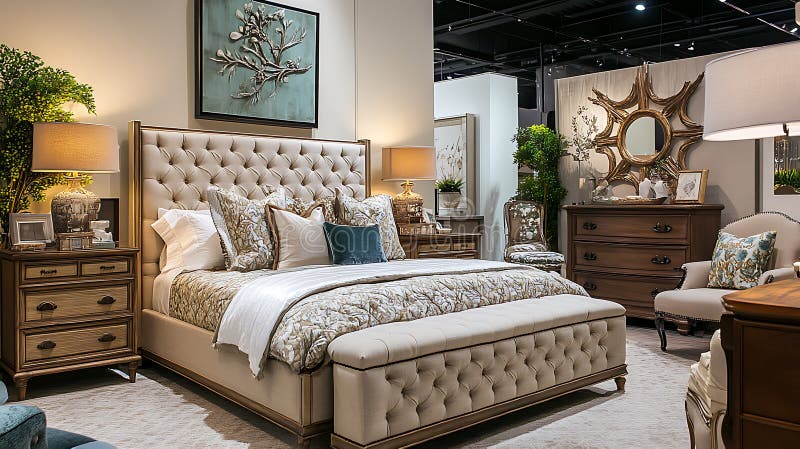 Luxurious Tufted Bed Bedroom Design Stock Photo - Image of modern ...