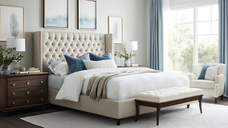 Luxurious Tufted Bed Bedroom Design Stock Photo - Image of sleek ...