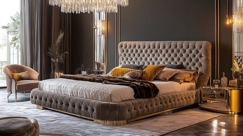 Luxurious Tufted Bed Bedroom Design Stock Image - Image of tufted ...