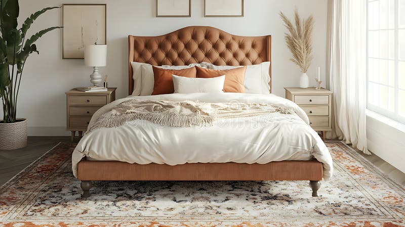 Luxurious Tufted Bed Bedroom Design Stock Photo - Image of lighting ...