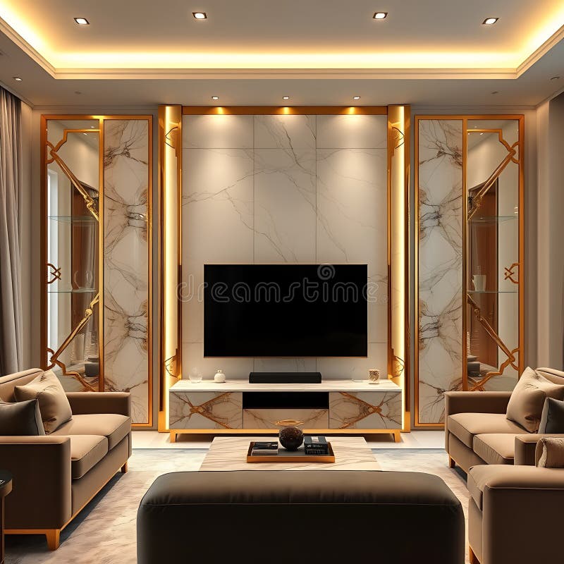 A Luxurious TV Unit with Gold and Marble Finishes Featuring a Large ...