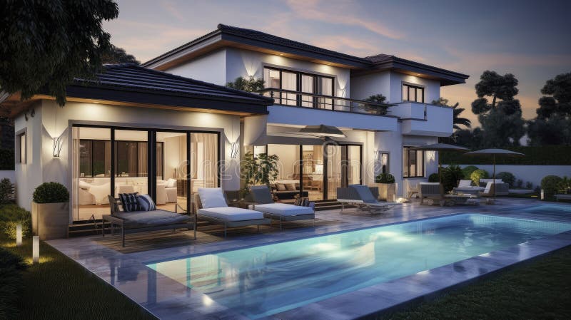 Luxurious Twilight Retreat: Serene Poolside Ambiance in a Modern Villa ... Luxurious Twilight Retreat: Serene Poolside Ambiance in a Modern Villa ...
