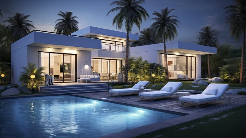 Luxurious Twilight Retreat: Serene Poolside Ambiance in a Modern Villa ... Luxurious Twilight Retreat: Serene Poolside Ambiance in a Modern Villa ...