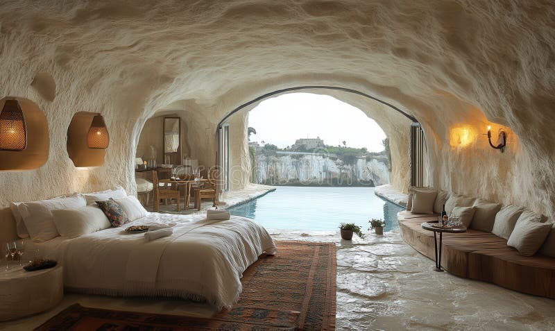 Luxurious Underground Cave Room with Swimming Pool and Arched Window ...