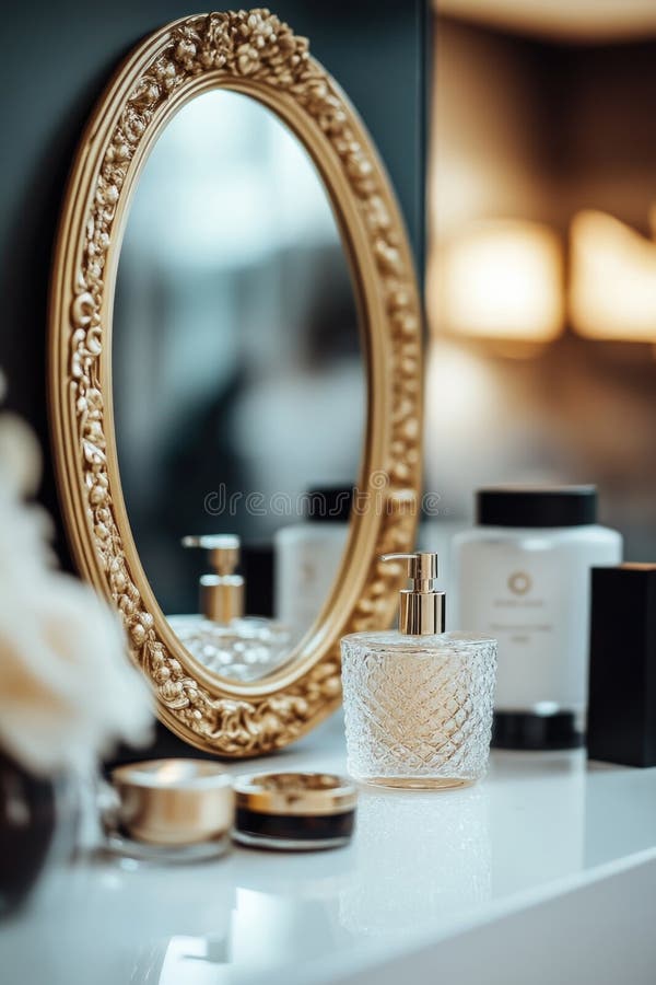 Luxurious Vanity Setting with Ornate Gold Mirror and Elegant Perfume ...