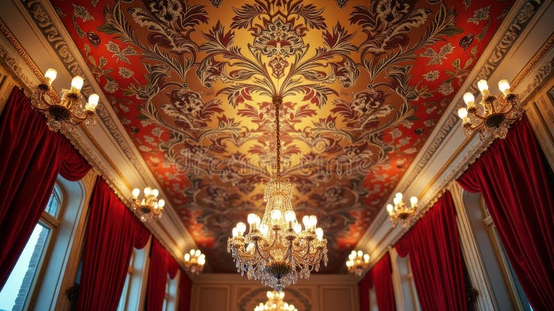 Luxurious Victorian Ballroom Ceiling with Ornate Chandeliers and Red ...