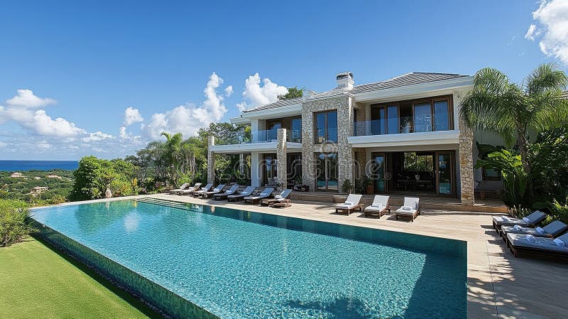 Luxurious Villa with Infinity Pool and Ocean View Under Clear Blue Sky ...