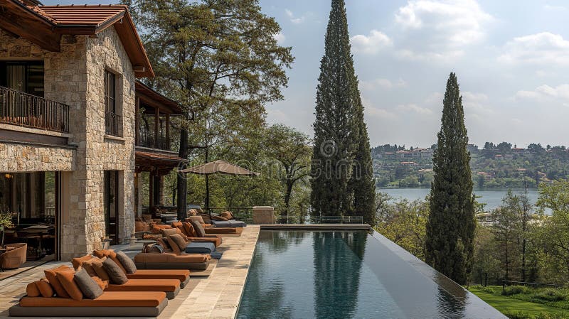 Luxurious Villa with Infinity Pool Overlooking a Lake Stock ...