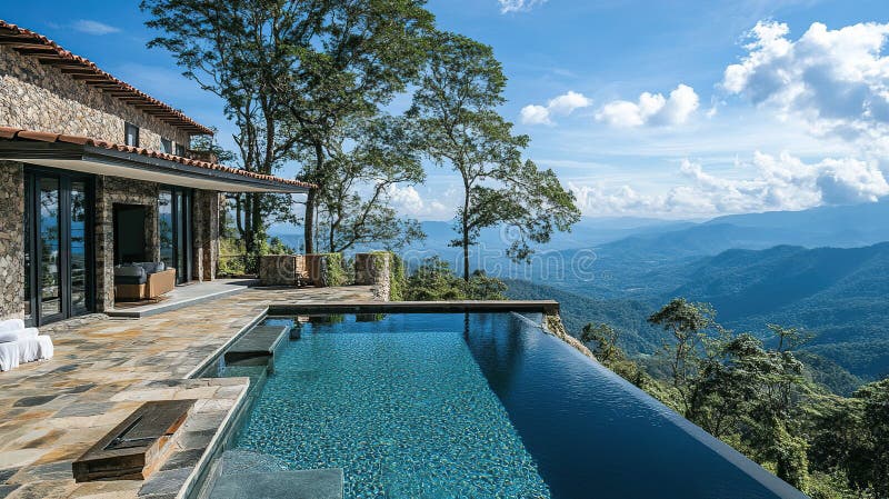 Luxurious Villa Infinity Pool Overlooking Mountain Range Stock Photos ...