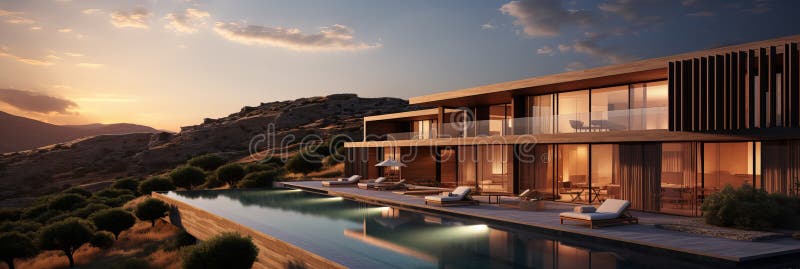 Luxurious Villa at Sunset with a Stunning Pool and Serene Mountain ...