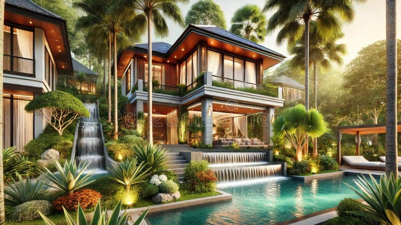 A Luxurious Villa Surrounded by Lush Tropical Gardens, with a Waterfall ...