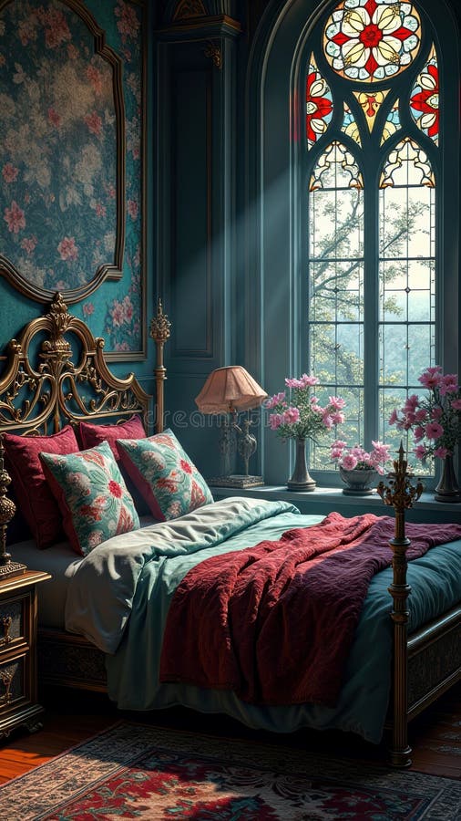 Luxurious Vintage Bedroom with Stained Glass Windows and Ornate Decor ...