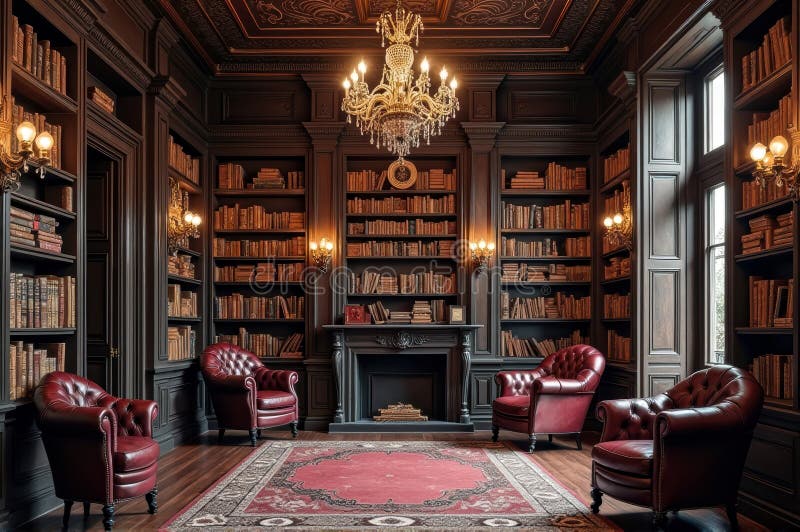 Luxurious Vintage Library with Dark Wooden Shelves and Red Leather ...