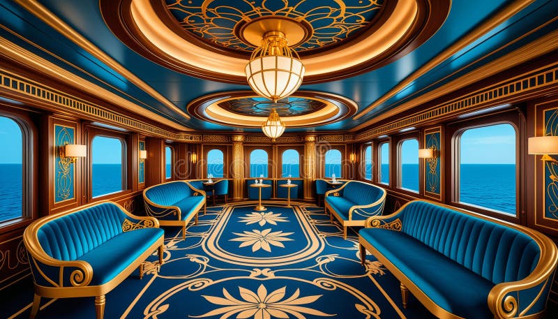Luxurious Vintage Train Interior with Elegant Blue and Gold Decor ...