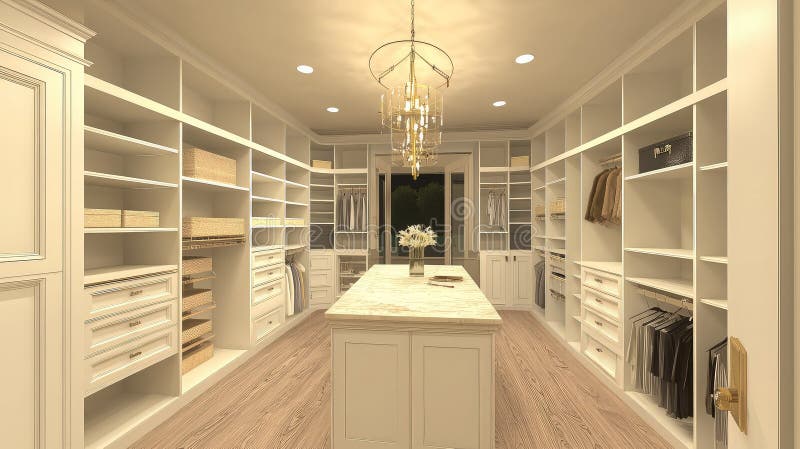Luxurious Walk-in Closet Design, Night View Stock Photo - Image of ...