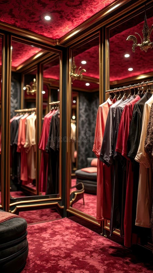 Luxurious Walk-in Closet with Elegant Dresses and Rich Red Decor Stock ...
