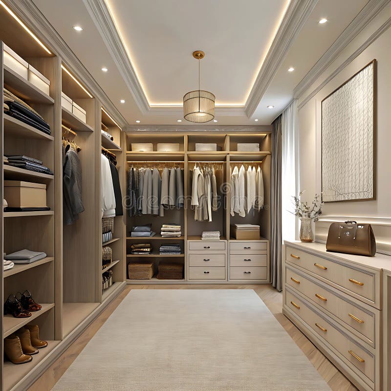 Luxurious Walk-in Closet with Organized Shelves and Hangers Stock ...