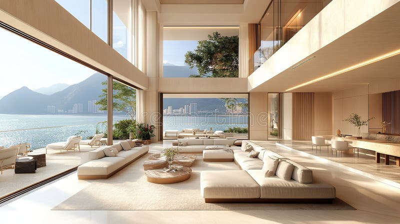 Luxurious Waterfront Home Interior with Panoramic Lake and Mountain ...