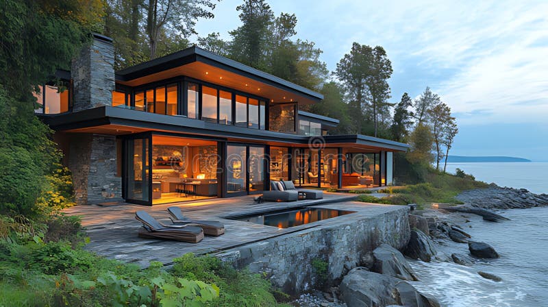 Luxurious Waterfront Home with Modern Architecture, Stone Exterior ...