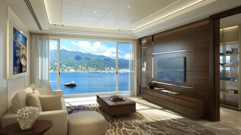 Luxurious Waterfront Living Room with Panoramic Ocean View and Modern ...