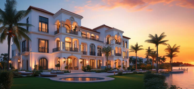 Luxurious Waterfront Mansion with Stunning Sunset and Palm Trees Stock ...