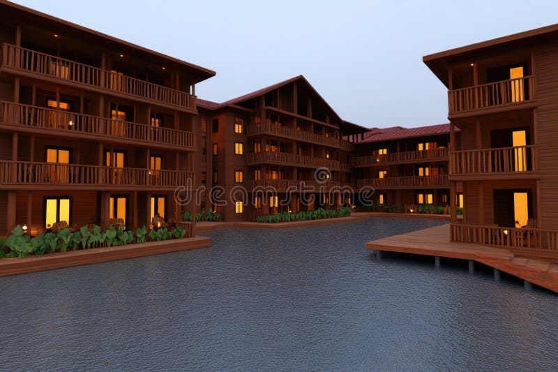 Luxurious Waterfront Resort with Wooden Architecture at Dusk Stock ...