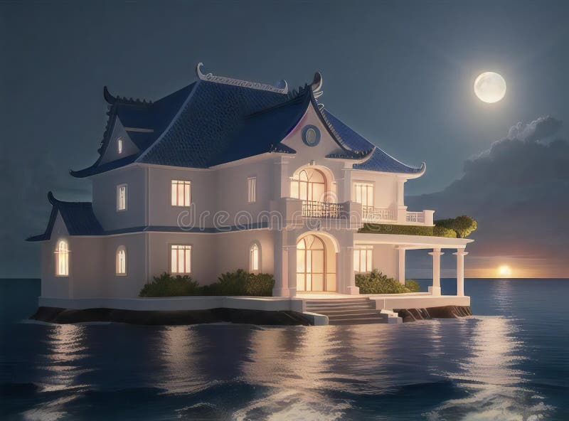 Luxurious Waterfront Villa at Night with Moonlit Sky, Distant Sunset ...
