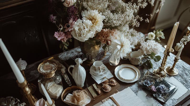 A Luxurious Wedding Planning Desk Featuring Floral Samples and Stock ...