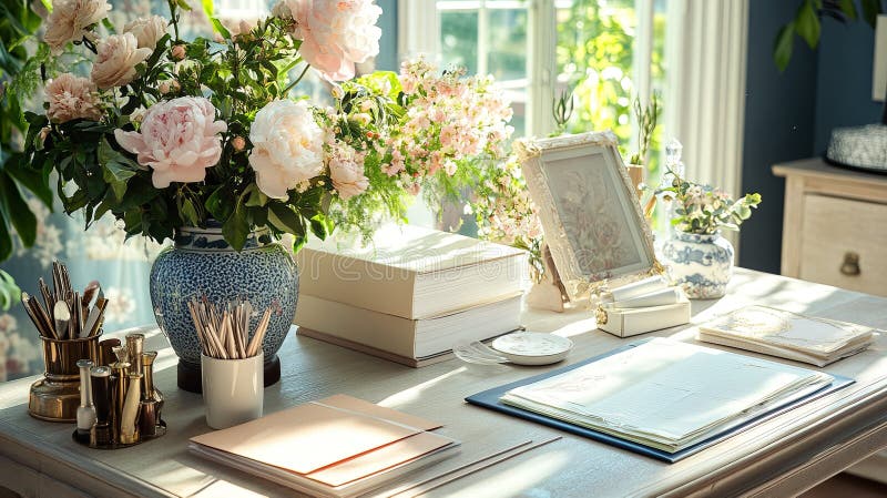 A Luxurious Wedding Planning Desk Featuring Floral Samples and Stock ...
