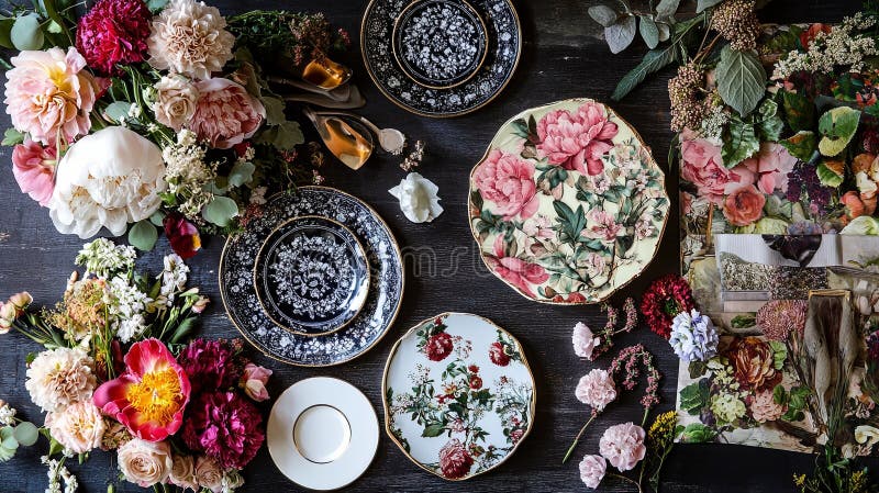 A Luxurious Wedding Planning Desk Featuring Floral Samples and Stock ...