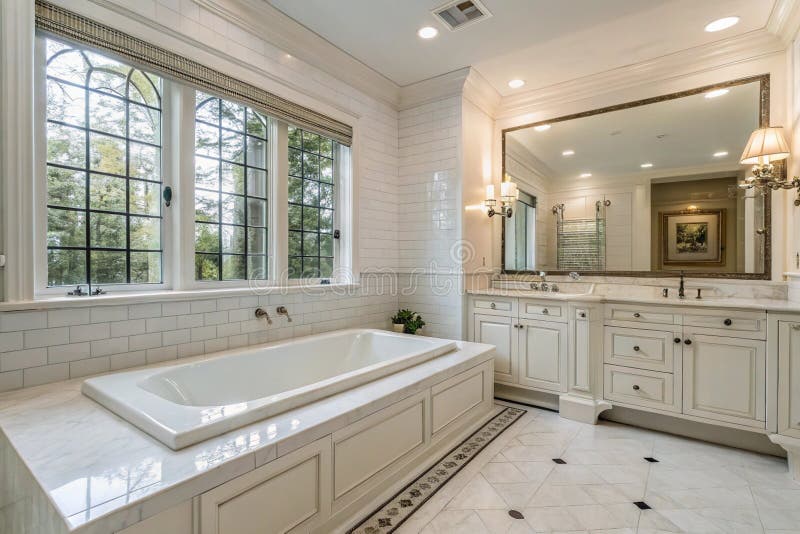 Expensive White Bathroom with Large Rectangular Bathtub Stock ...