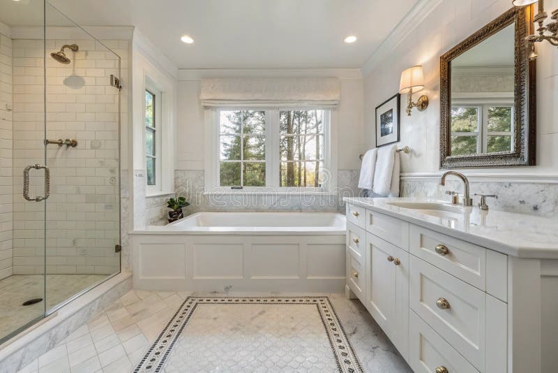 Expensive White Bathroom with Large Rectangular Bathtub Stock ...