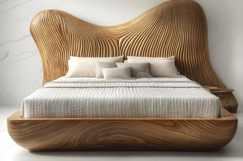 Luxurious Wooden Bed Featuring a Unique Headboard Design, Adding a ...