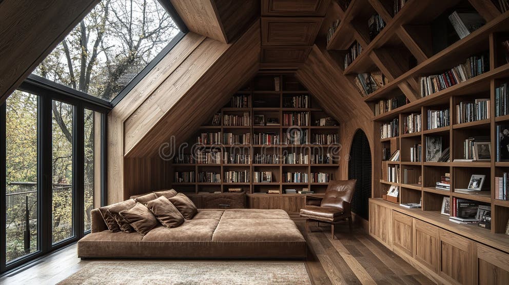 Luxurious Wooden Library with Large Windows Overlooking Forest Stock ...