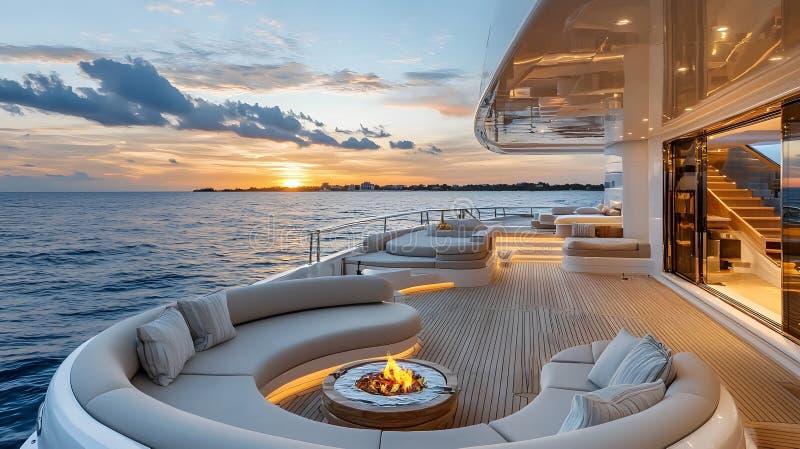 Luxurious Yacht Deck with Sunset View Over the Ocean Stock Illustration ...