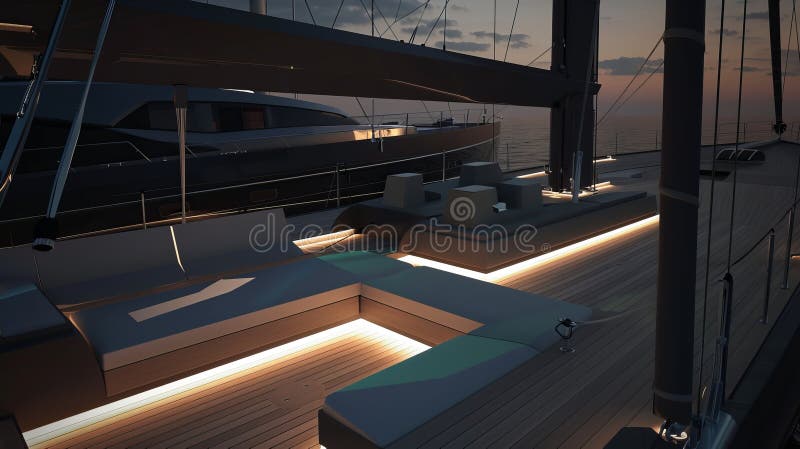 Luxurious Yacht Deck at Twilight with Ambient Lighting and Ocean View ...