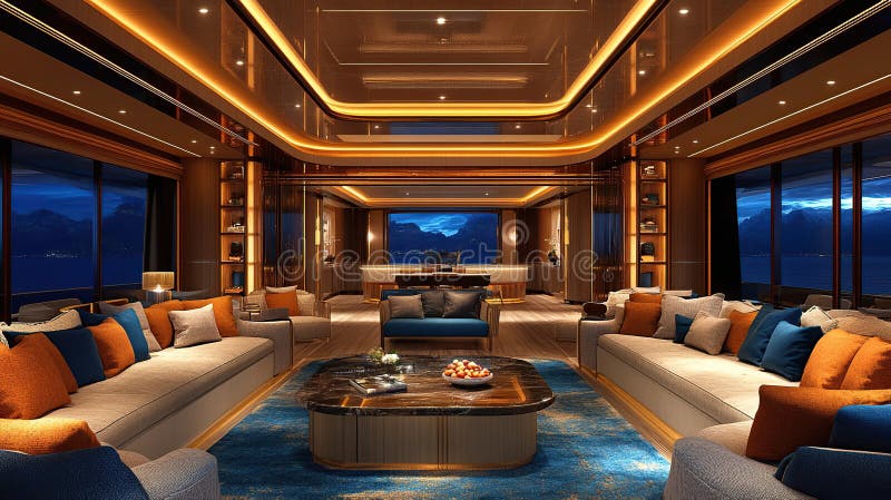 Luxurious Yacht Interior Lounge, Nighttime Mountain View Stock ...