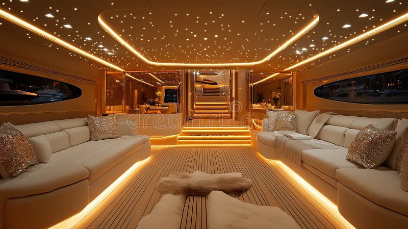 Luxurious Yacht Interior at Night, Featuring Plush Seating, Warm ...