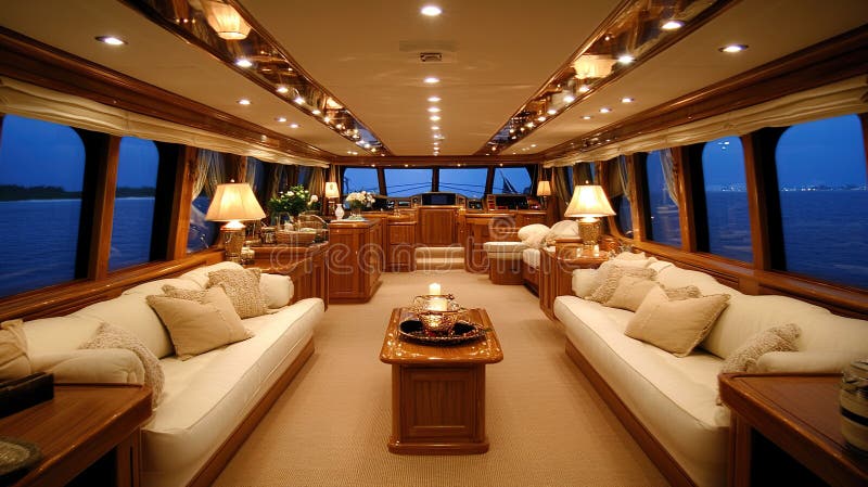 Luxurious Yacht Interior, Night, Ocean View, Relaxation Stock Photo ...