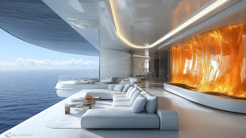 Luxurious Yacht Interior with Panoramic Ocean Views. Spacious Lounge ...