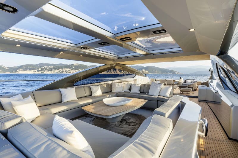 Luxurious Yacht Interior with Panoramic Ocean Views Under a Clear Sky ...