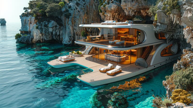 Modern Yacht Docked in a Cove with Cliffside Views Stock Image - Image ... Modern Yacht Docked in a Cove with Cliffside Views Stock Image - Image ...