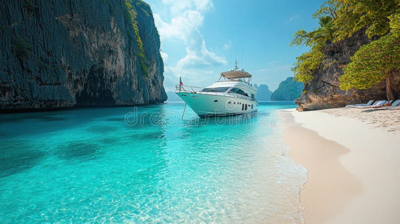 Luxurious Yacht Rests on Pristine Beach, Surrounded by Stunning Cliffs and Crystal Clear Waters ...
