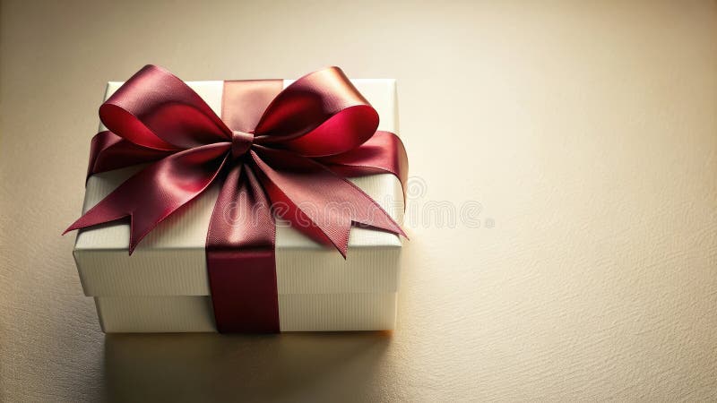 A Luxuriously Wrapped Gift Box with a Deep Maroon Ribbon Bow Rests on a ...