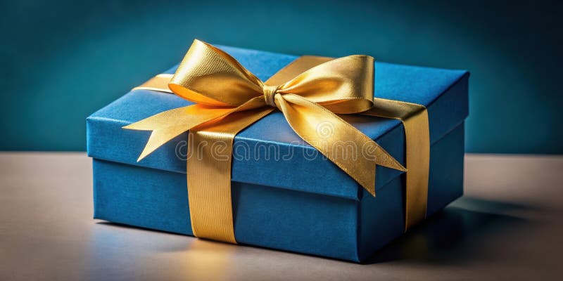 A Luxuriously Wrapped Present in a Deep Blue Box with a Golden Ribbon ...