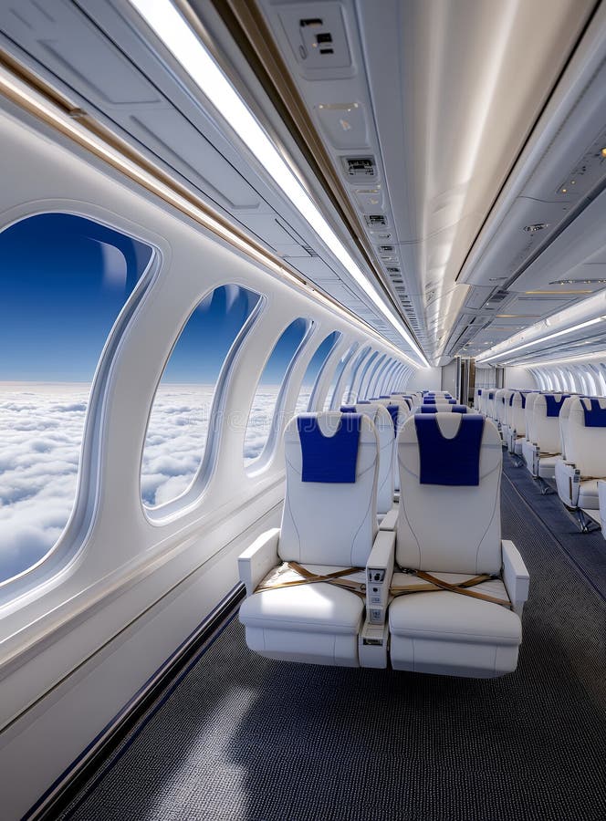 Luxury Airplane Cabin Interior with Empty Seats Offering Stunning Cloud ...