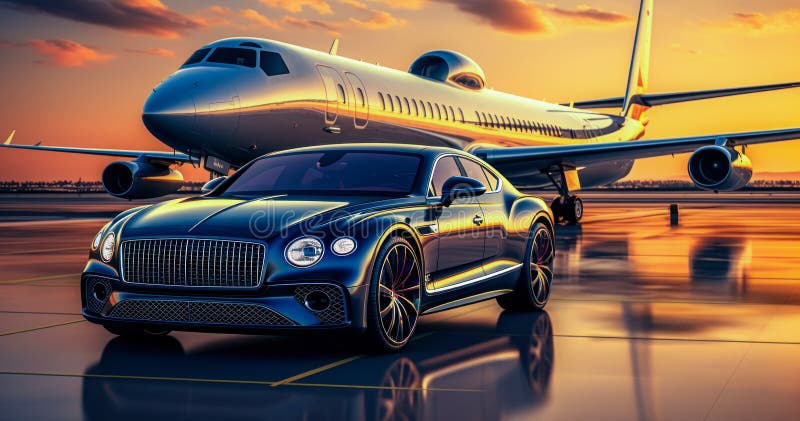 Luxury Airport Transfer Private Jet and High-End Car Stock Illustration ...