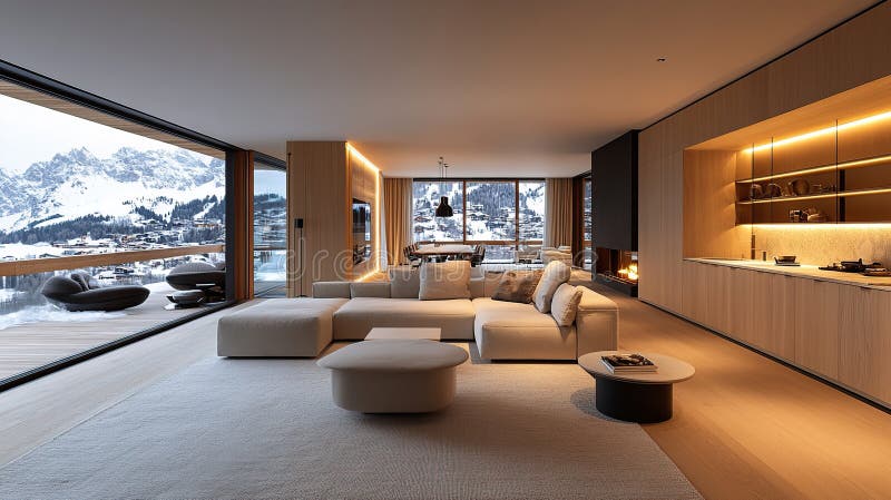 Luxury Alpine Apartment Living Room Sunset View Stock Image - Image of ...